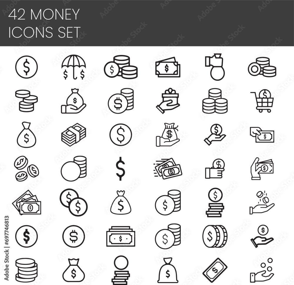 Money icon set. Funds vector icon collection. Income and profit linear ...