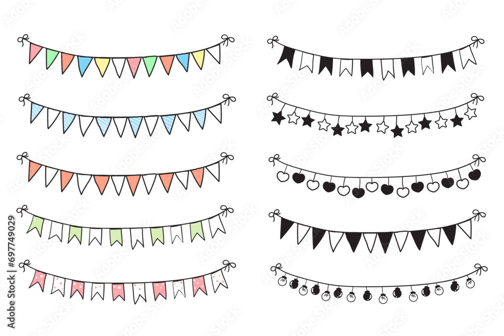 Garland of flags draw. Continuous line drawing of garland. Vector ...