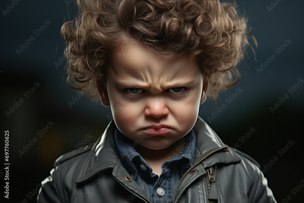 Frowning angry or offended little Caucasian curly boy looking angrily ...