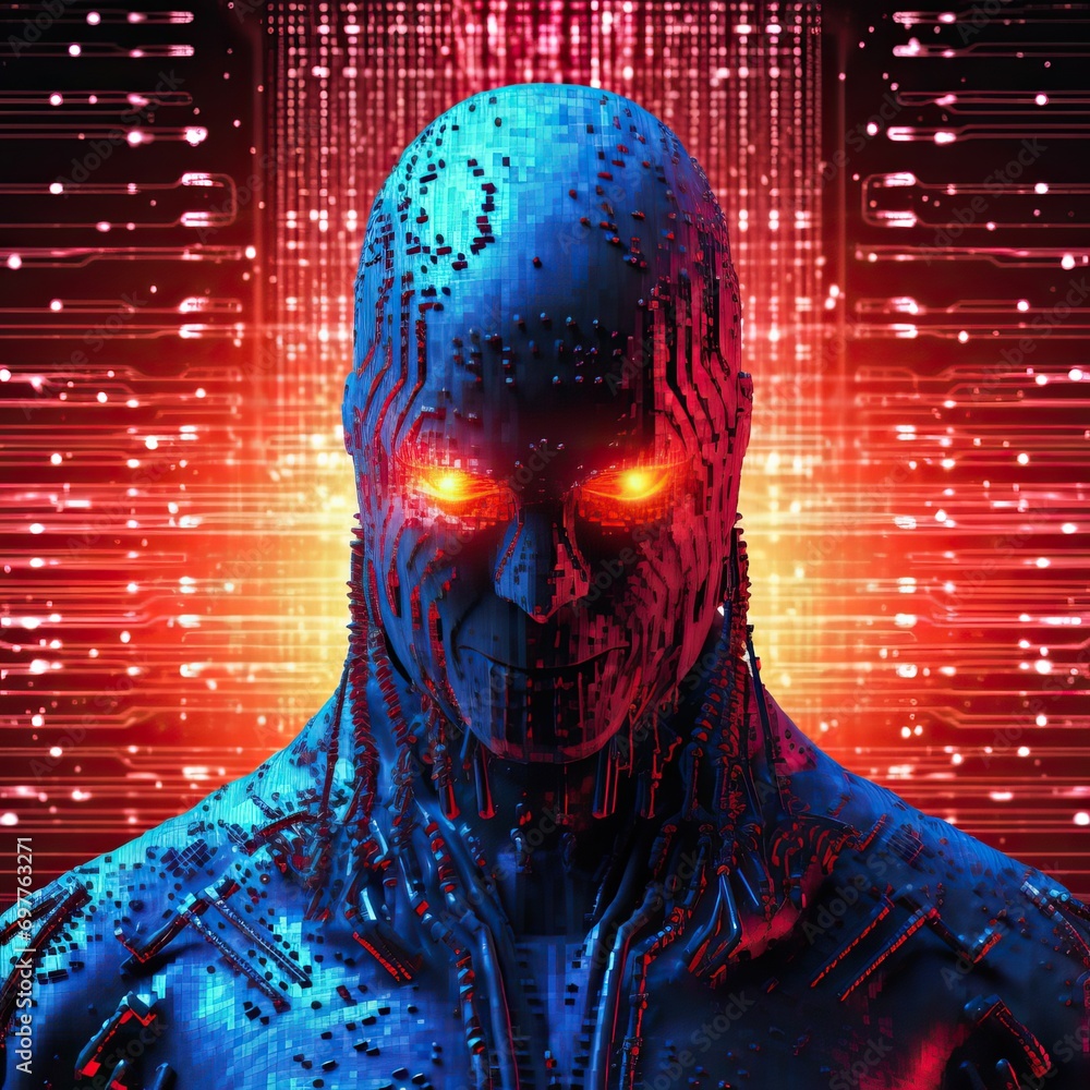 an evil Terminator-style artificial intelligence overheating. Cyan and ...