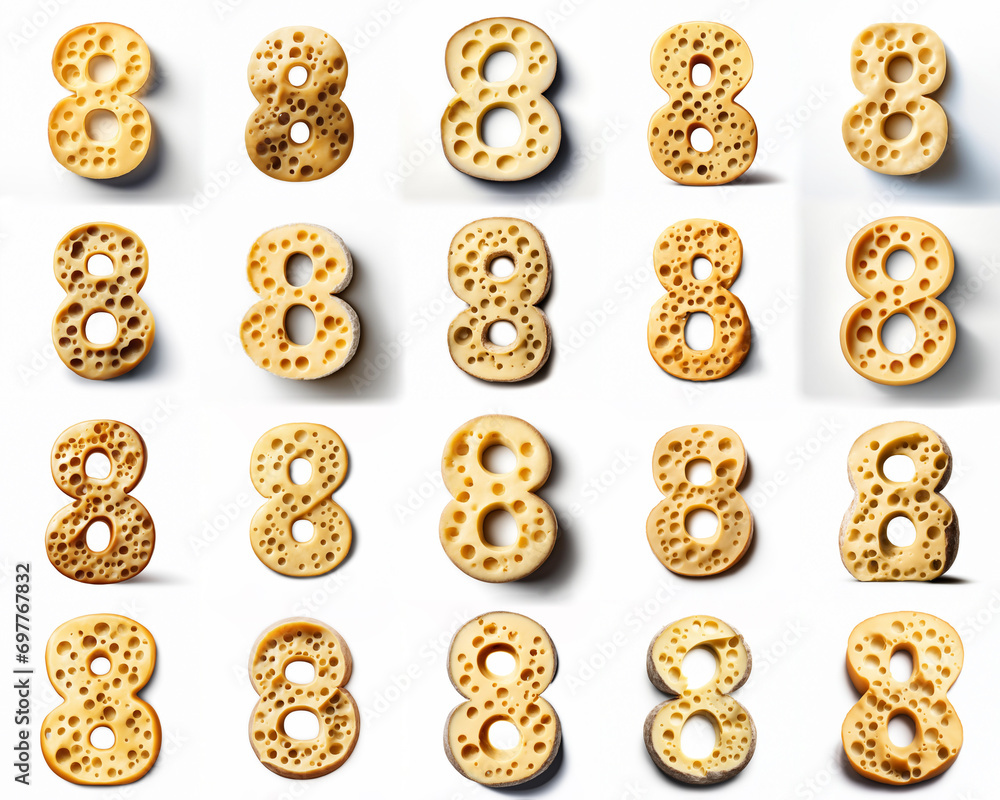 Group of various 8 shaped digits made from yellow cheese isolated on ...