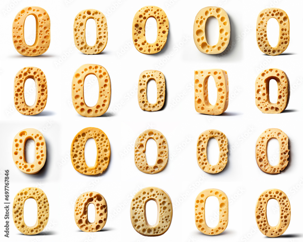 Group of various 0 shaped digits made from yellow cheese isolated on ...