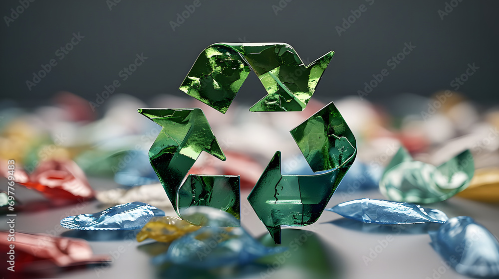 Recycling symbol made of plastic, upcycling, bottle caps, plastic bags ...