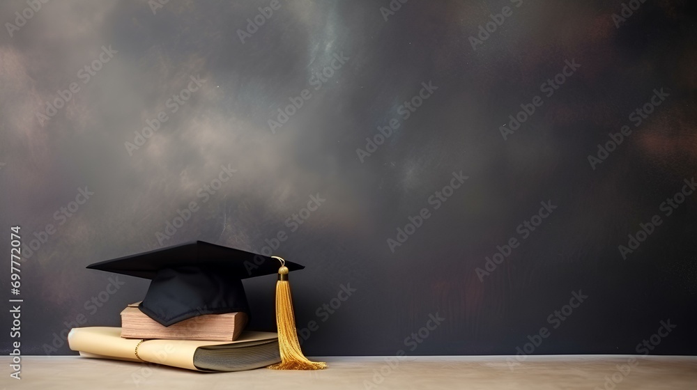 Graduate cap on a plain background, with books, graduation day concept ...