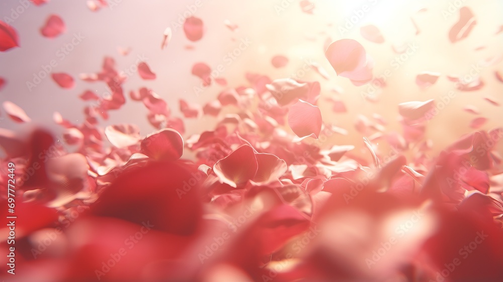 Red rose petals gently falling in soft sunlight, fragile feminine ...