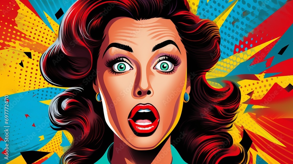 Vivid portrait of surprised woman in retro pop art style captures her ...