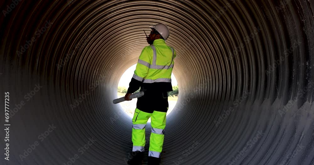 Vidéo Stock Mechanical engineer with green safety uniform holds ...