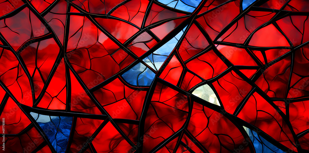 stained glass effect with red and blue colors, creating a complex ...