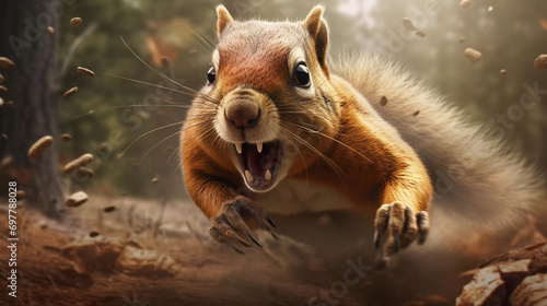 Fototapeten - wild squirrel runs and attacks. ai generated