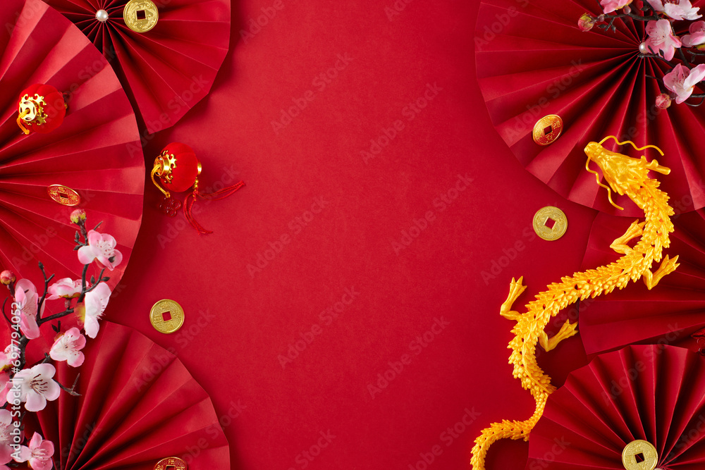 Theme for Chinese New Year: honoring traditions. Top view flat lay of ...