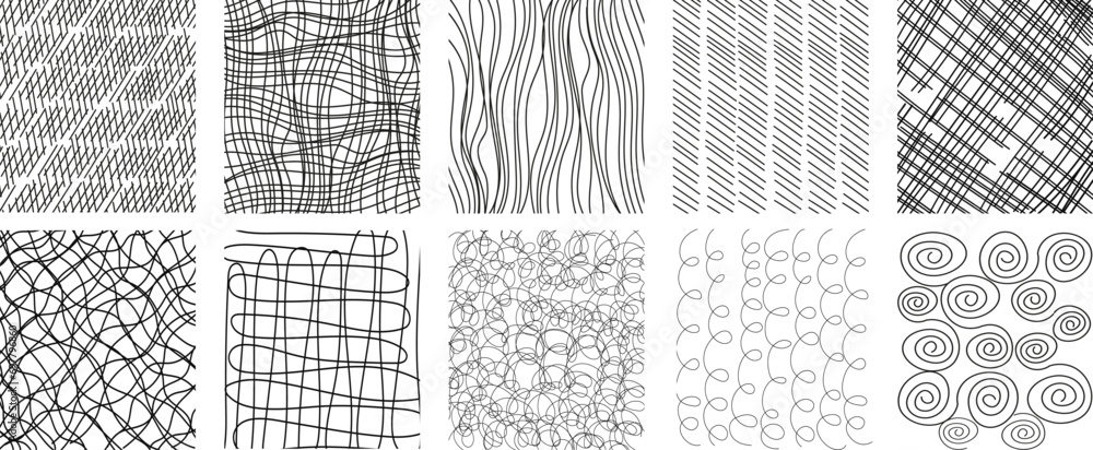 Hand drawn line textures. Includes vector scribbles,grid with irregular ...