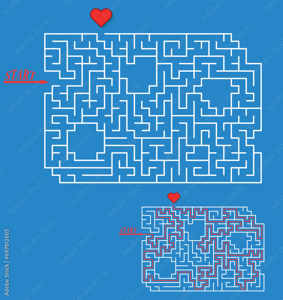 Find love labyrinth. Maze with entry and exit. Solution included - red ...