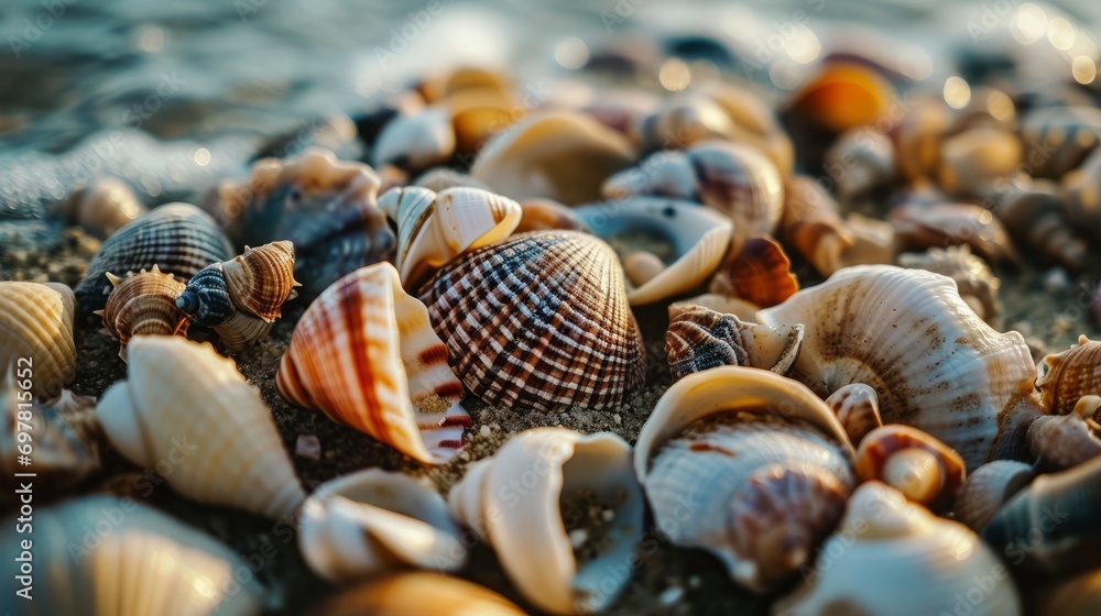 many little seashells lying on the beach at an ocean. wallpaper ...