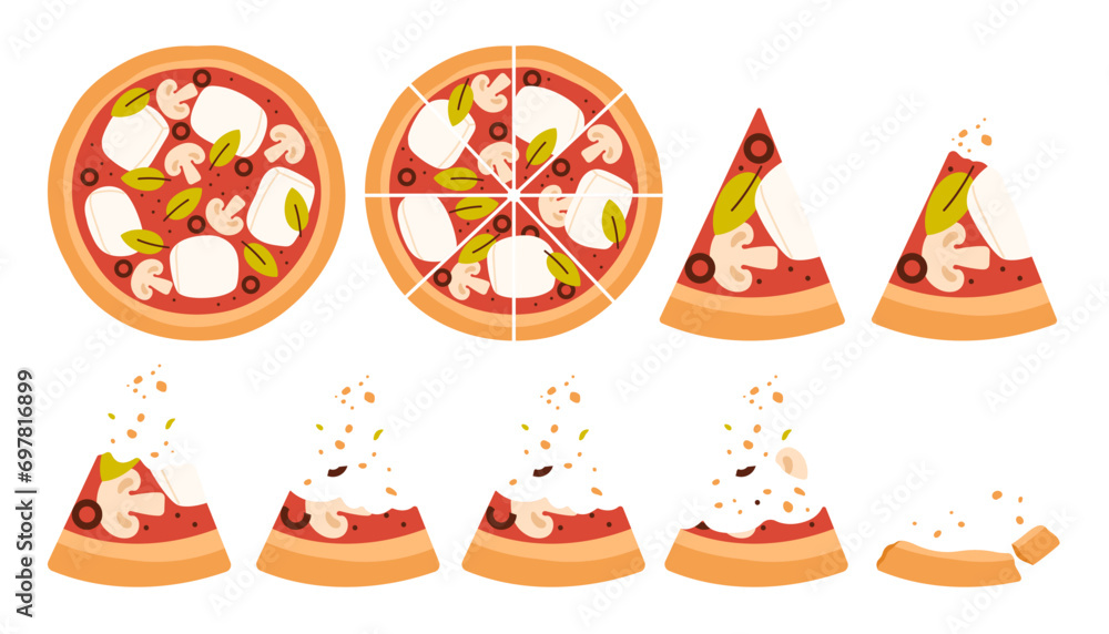 Eaten pizza set of animation sequence. Whole round pie with tomato ...