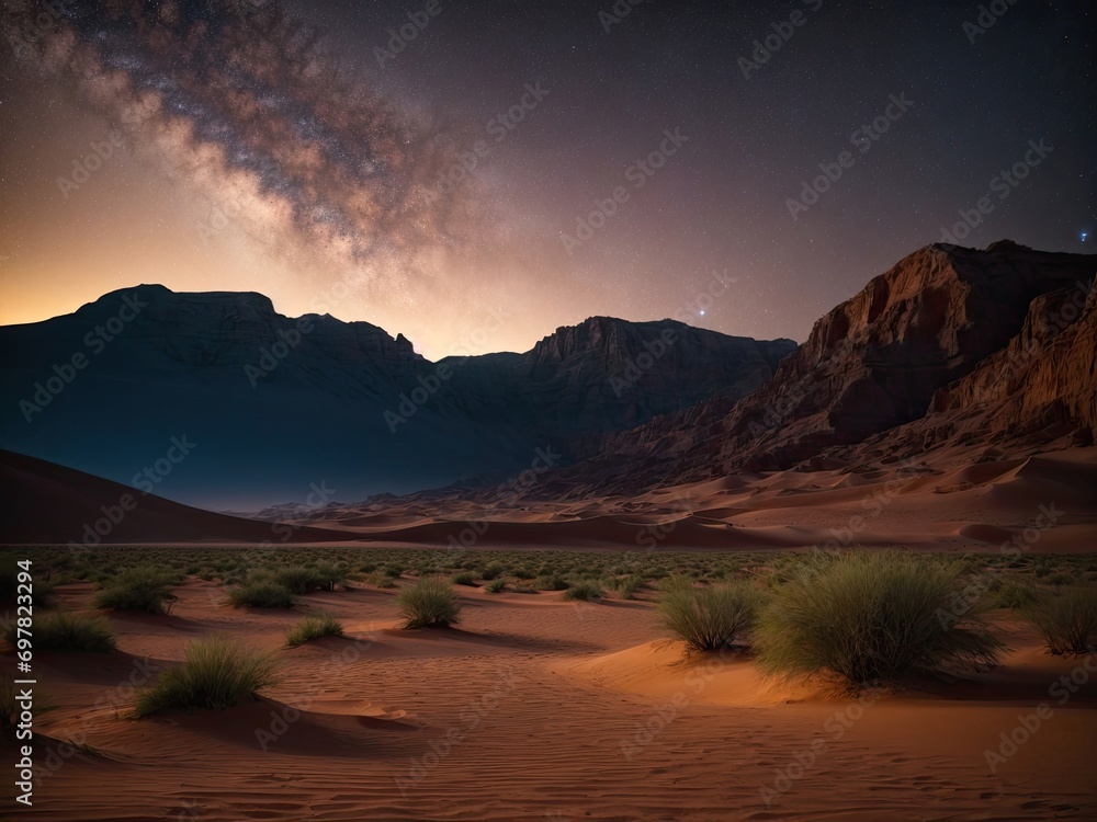 Night view of the stars over the Tembaine mountain in Sahara desert ...