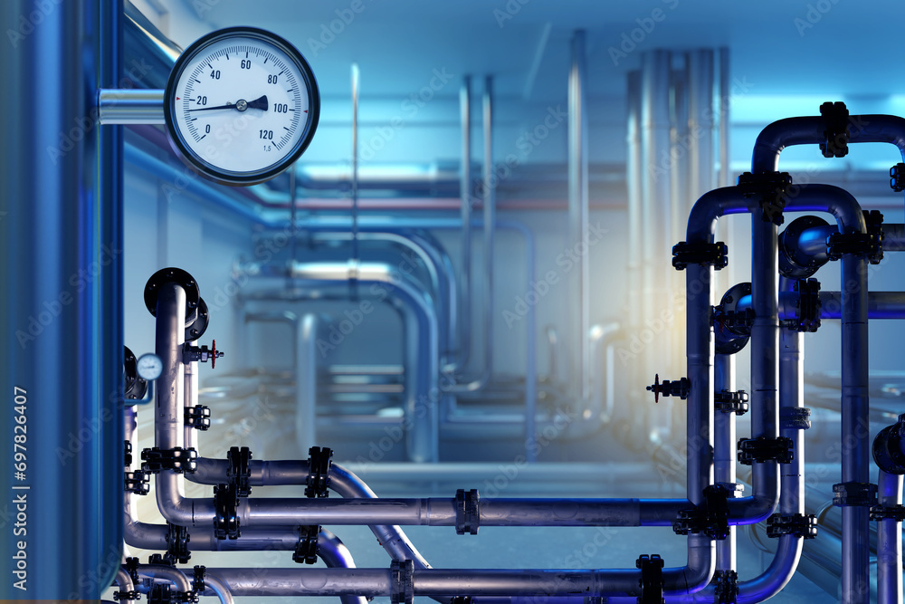 Factory basement with pipes. Engineering room. Basement industrial ...