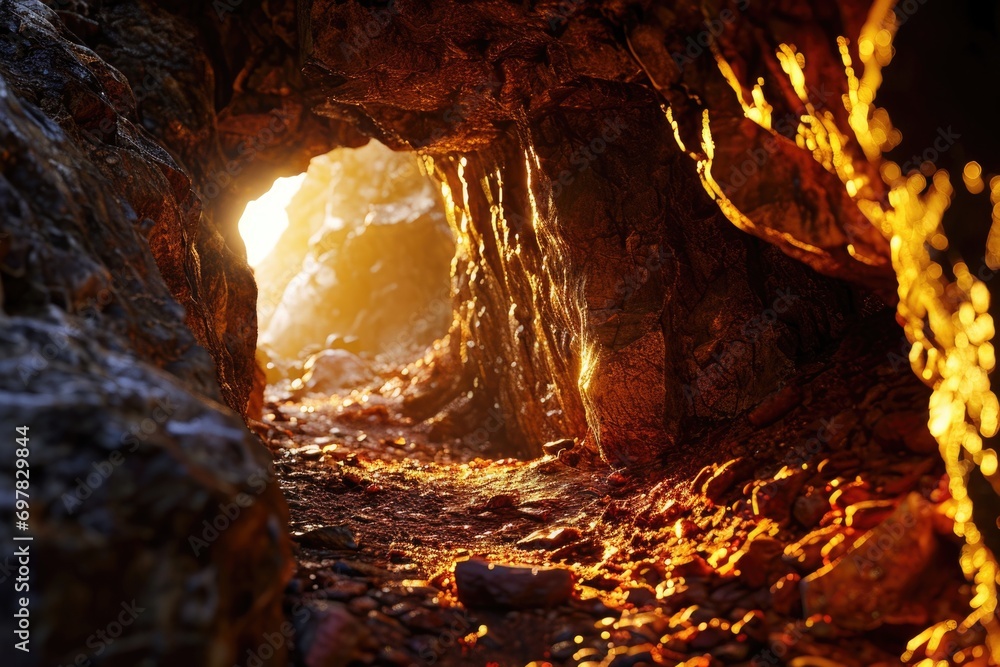A cave with a visible light source at the end. This image can be used ...