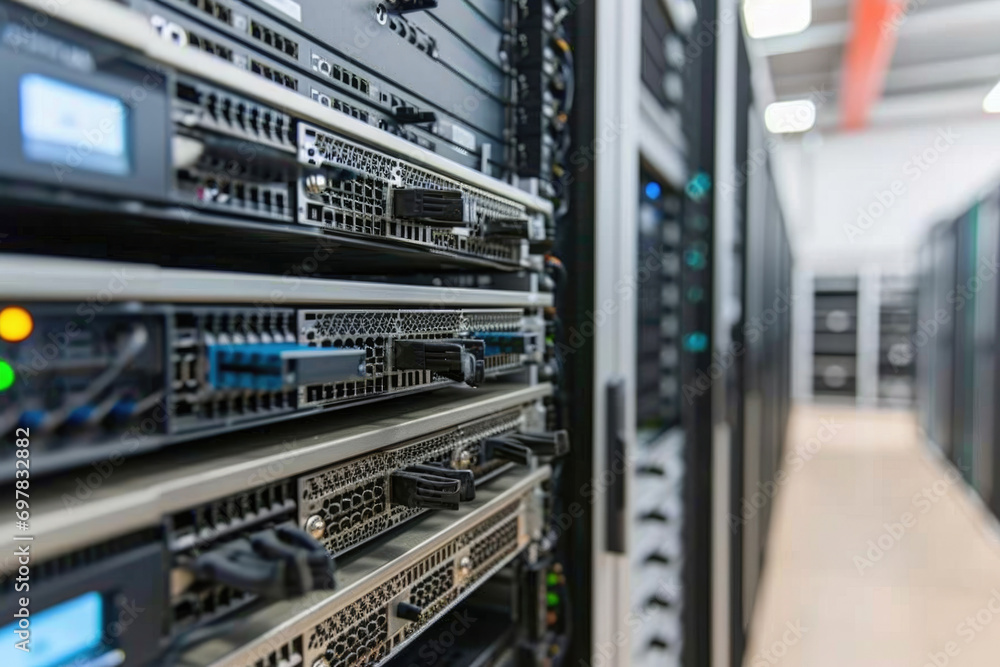 A group of servers in a data centre server room off a corridor of ...
