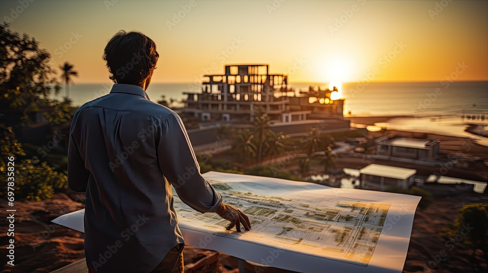 Architectural Innovation: A Man Stands Behind a Blueprint at Sunset ...