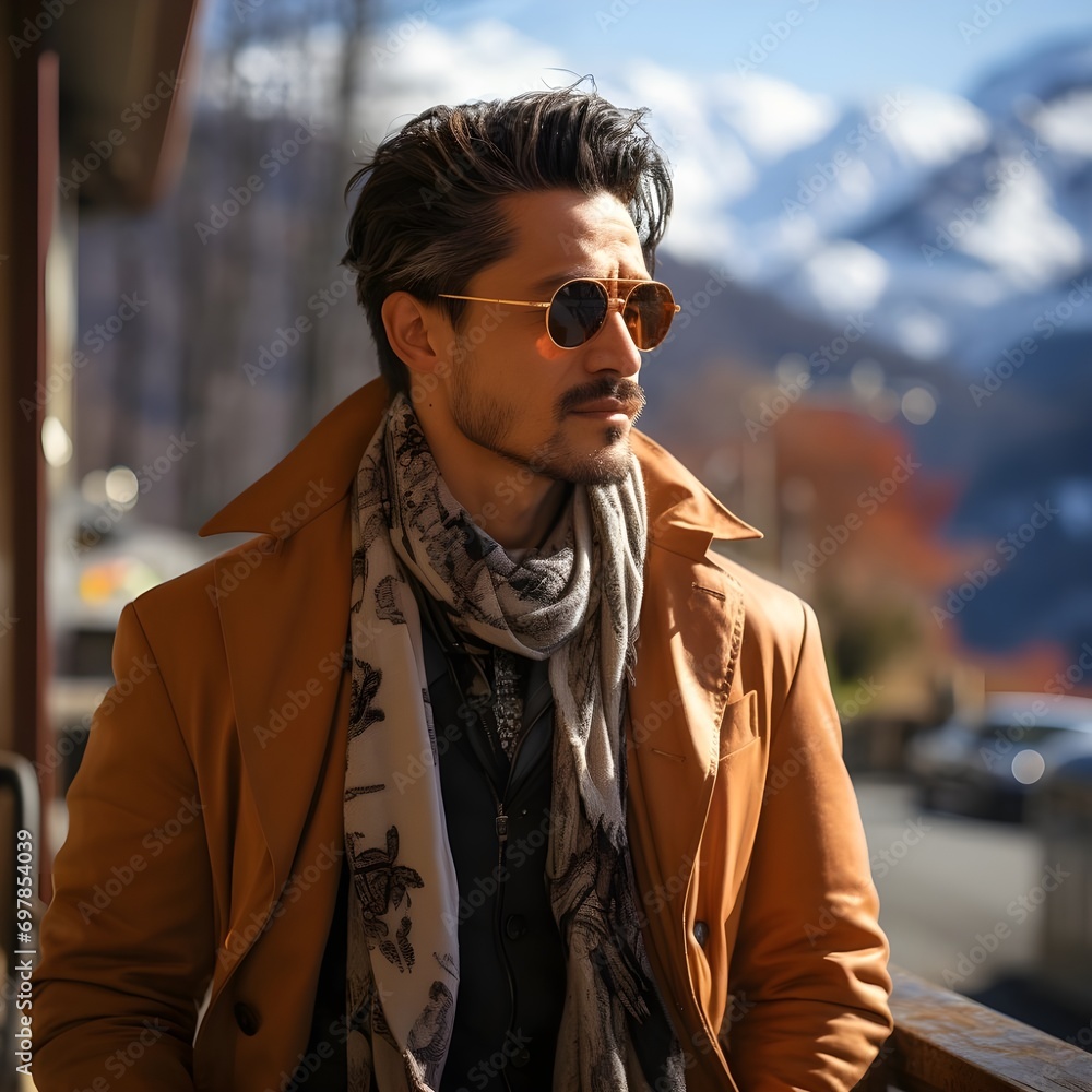 Hombre atractivo con gafas y barba con vestimenta de invierno elegante ...