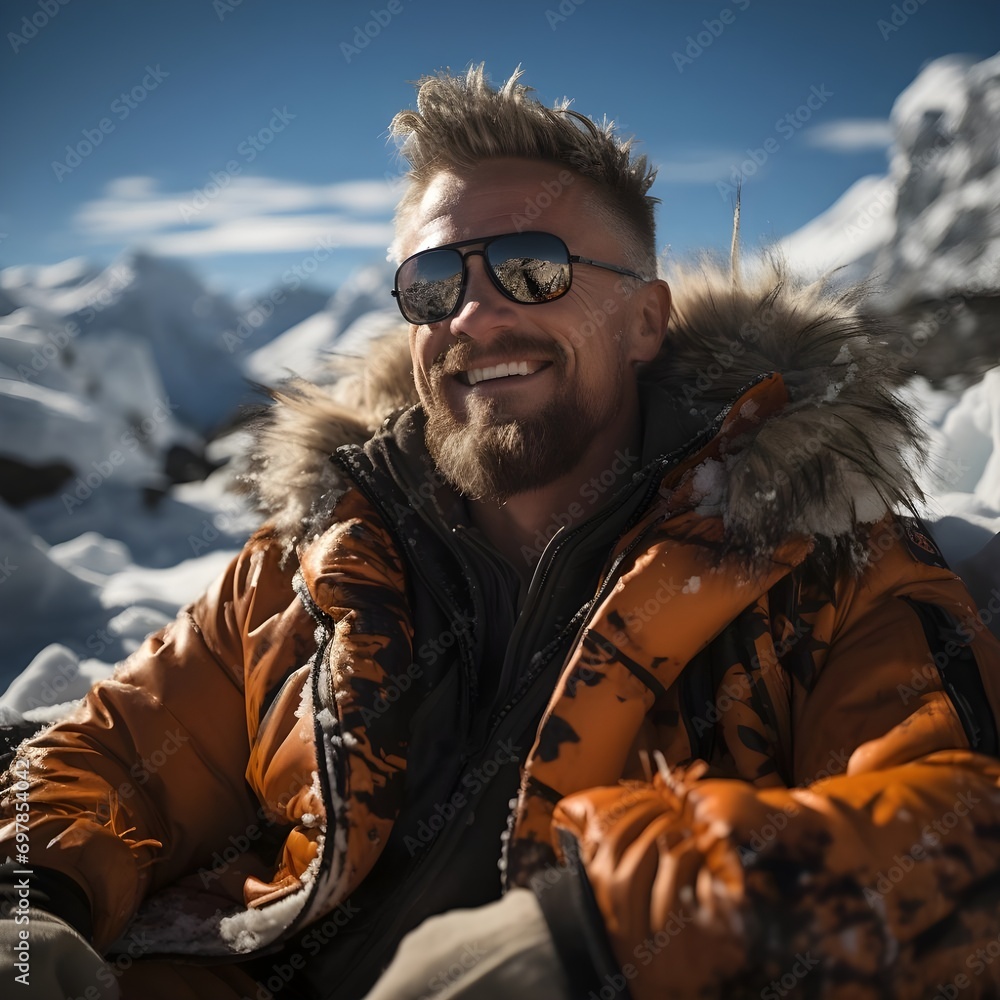 Hombre atractivo con gafas y barba con vestimenta de invierno elegante ...