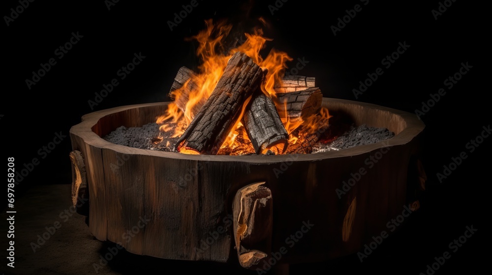 A fire pit with logs and flames on a black background. Fire flames on ...