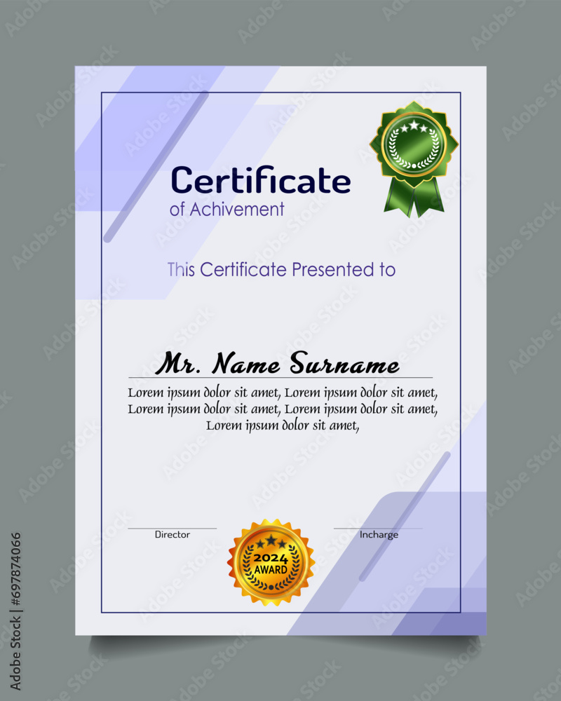 Certificate of achievement template set with gold badge and border ...