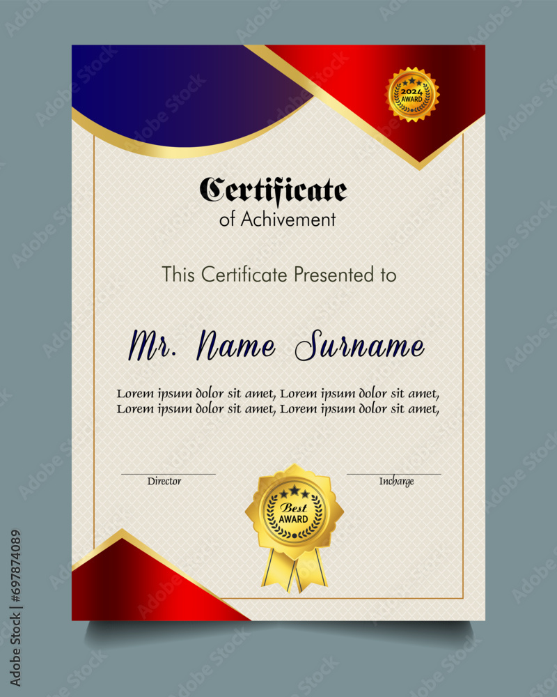 Certificate of achievement template set with gold badge and border ...
