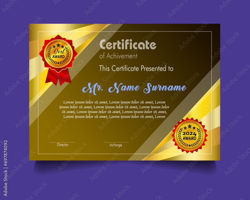 Certificate of achievement template set with gold badge and border ...