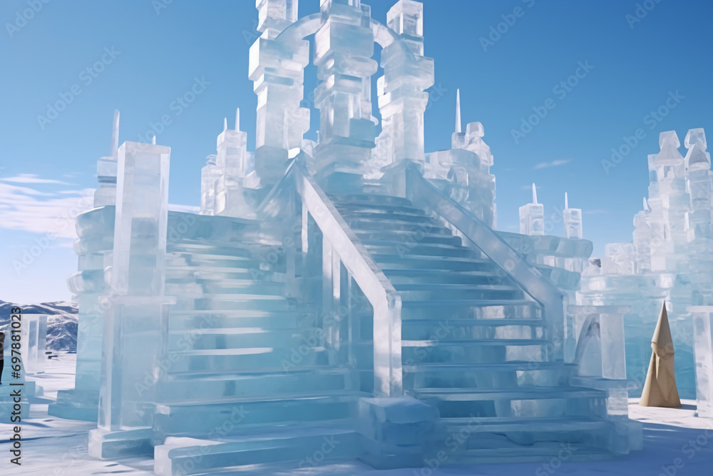 A plaza art installation called "Art steps ice sculpture and Snowflakes ...