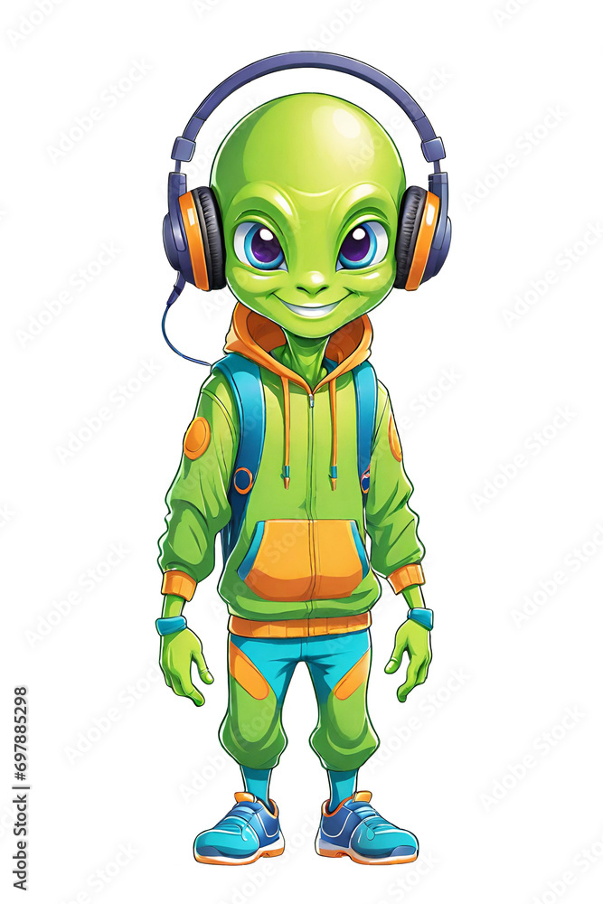 Cartoon green alien with headphones isolated on transparent background ...