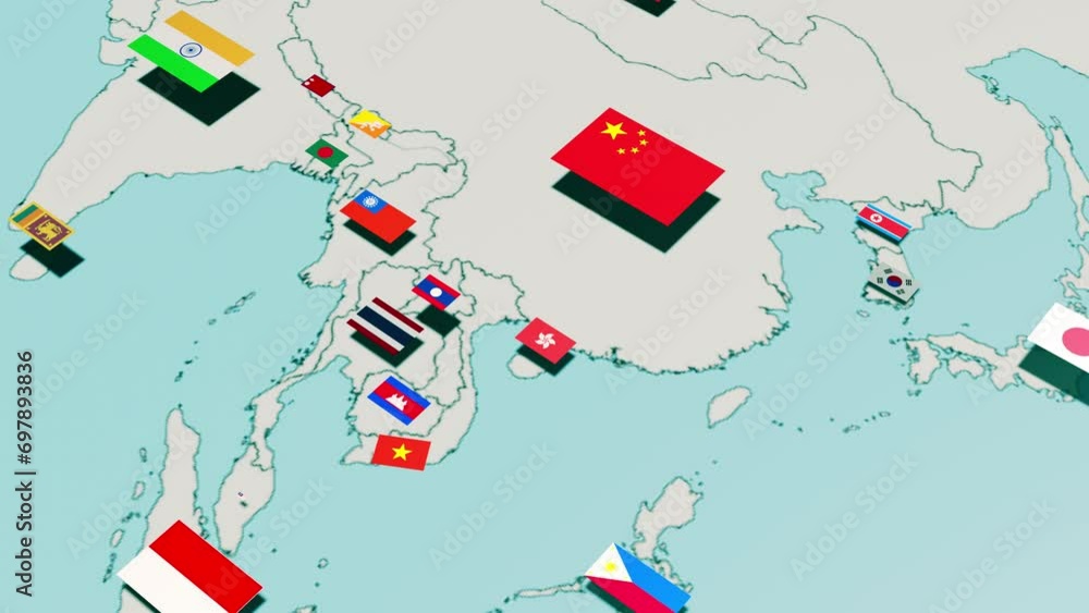 South east Asian countries on World Map 3d with flags. Indonesia ...