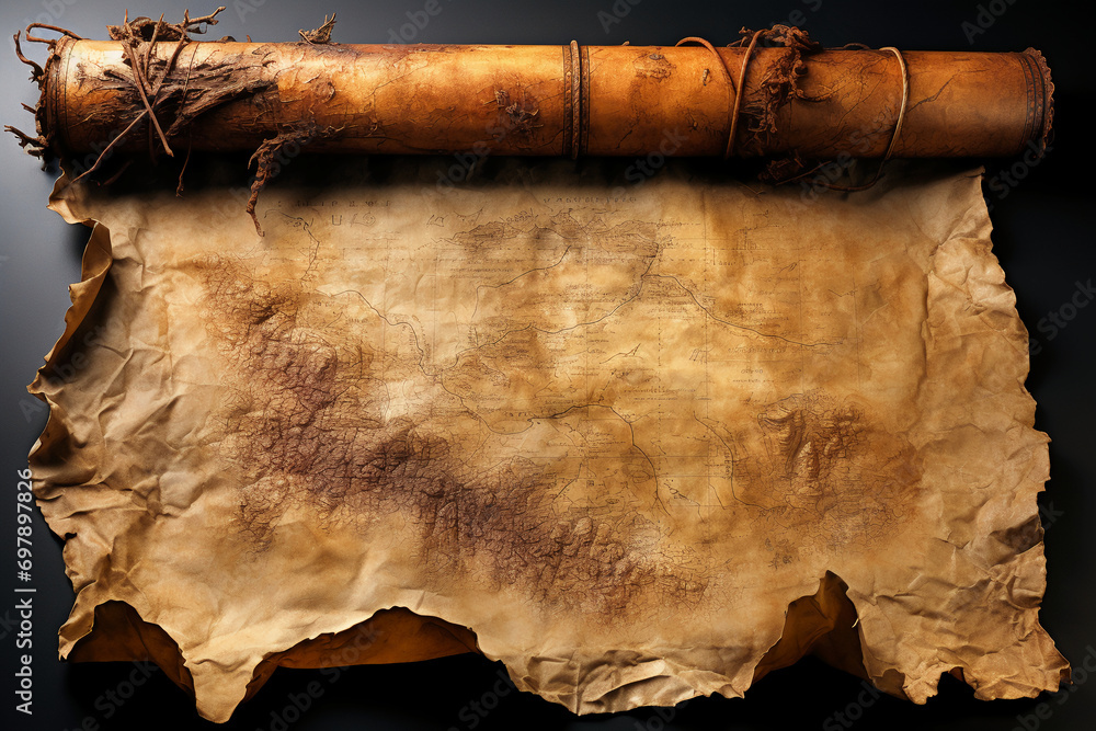 a blank piece of parchment tattered from old age with rolled sides on ...