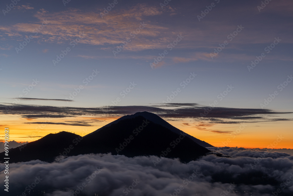 Sunrise over Mount Agung seen from Mount Batur, Bali, Indonesia Stock ...