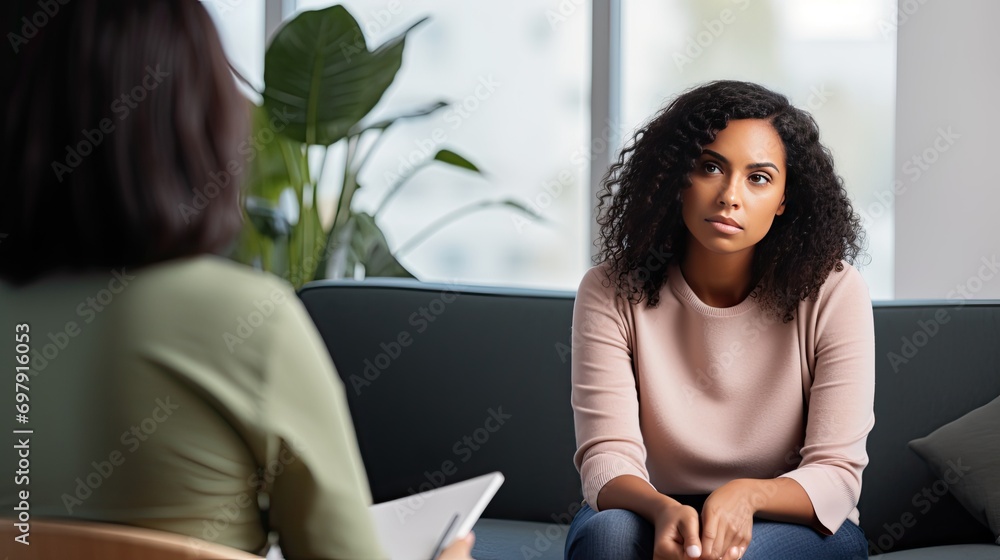 Young African American woman at an appointment with a psychologist. She ...