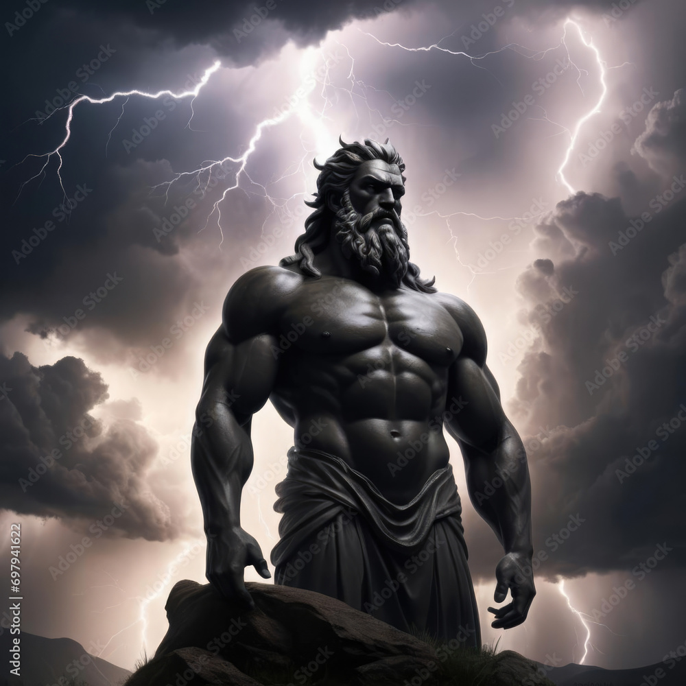 Zeus Emergence - Digital painting of a powerful silhouette of Zeus merging with storm clouds and ...