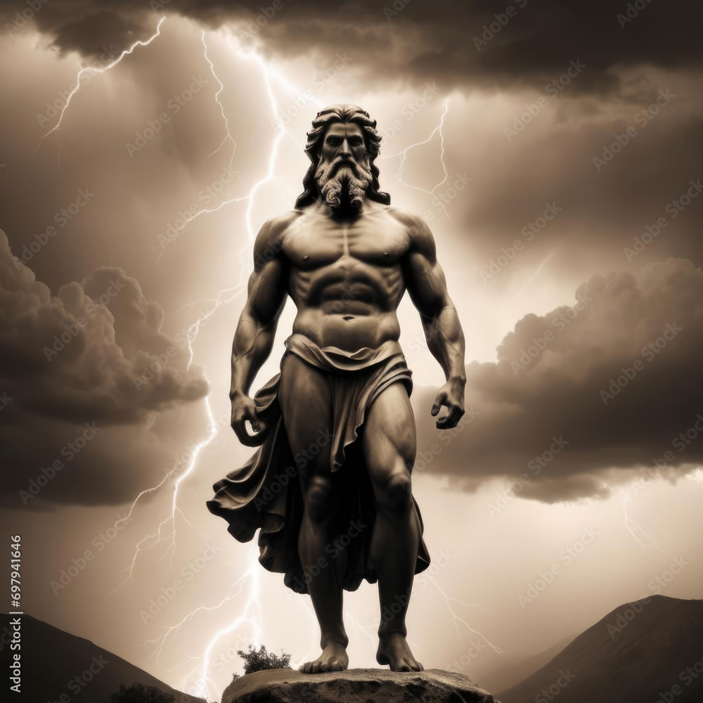 Zeus - Aged Vintage Silhouette of the Greek God merged with storm ...