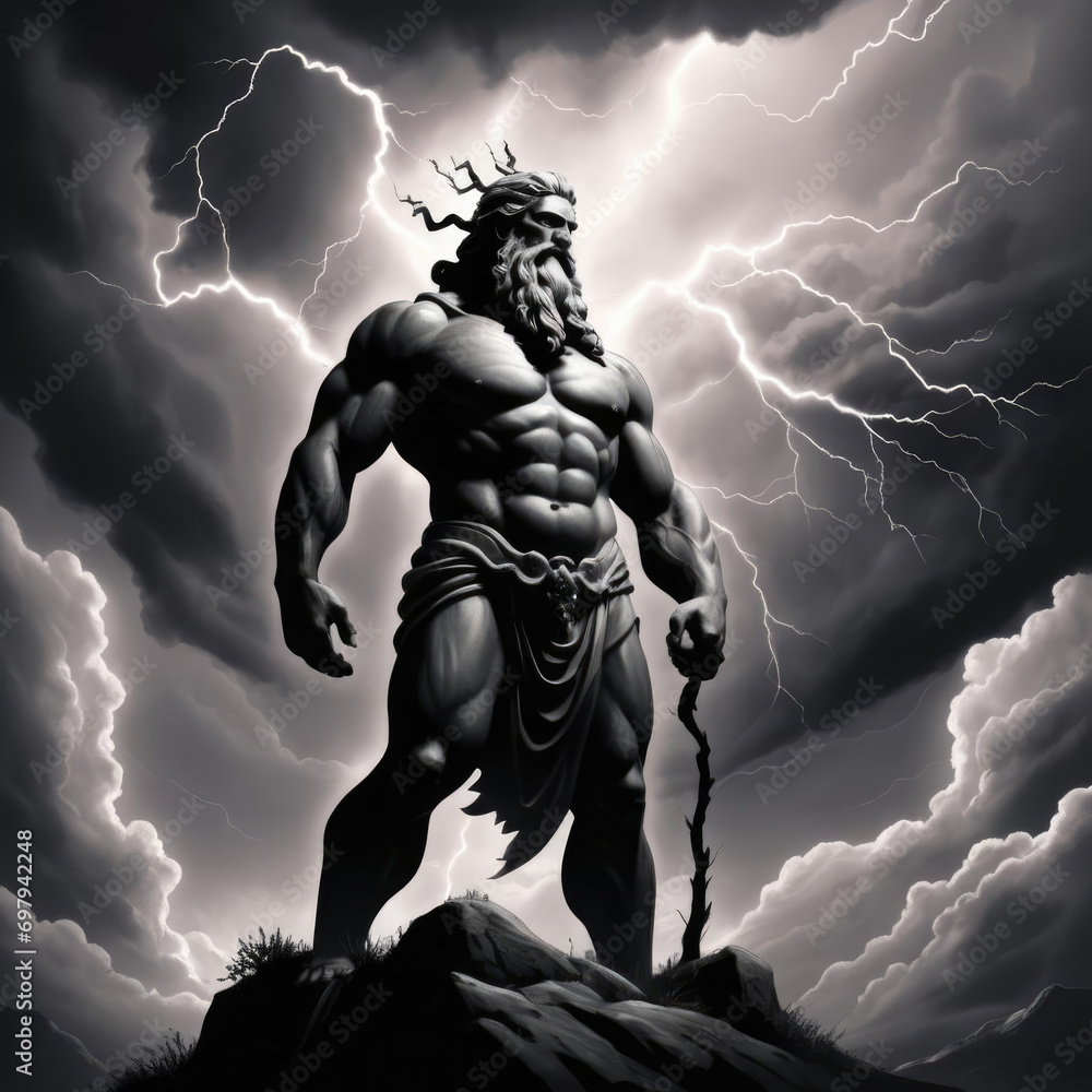Zeus: God of Thunder - Classic Gravure Ink Illustration of a ...