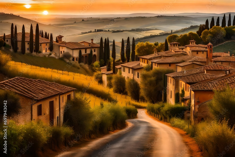 Tuscan road near Siena at sunset, an ancient cobblestone road leading ...