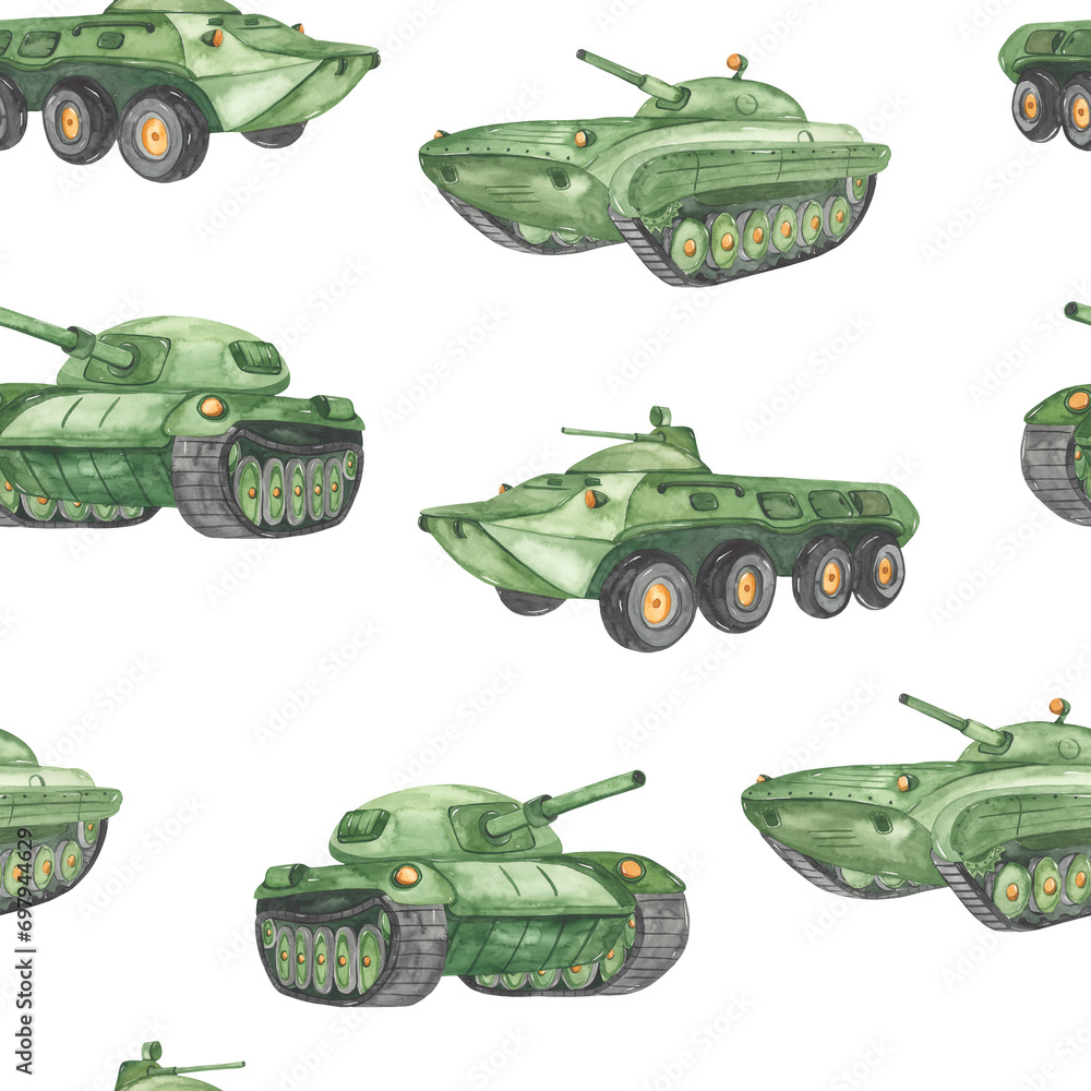 Watercolor seamless pattern with military tanks, armored personnel ...
