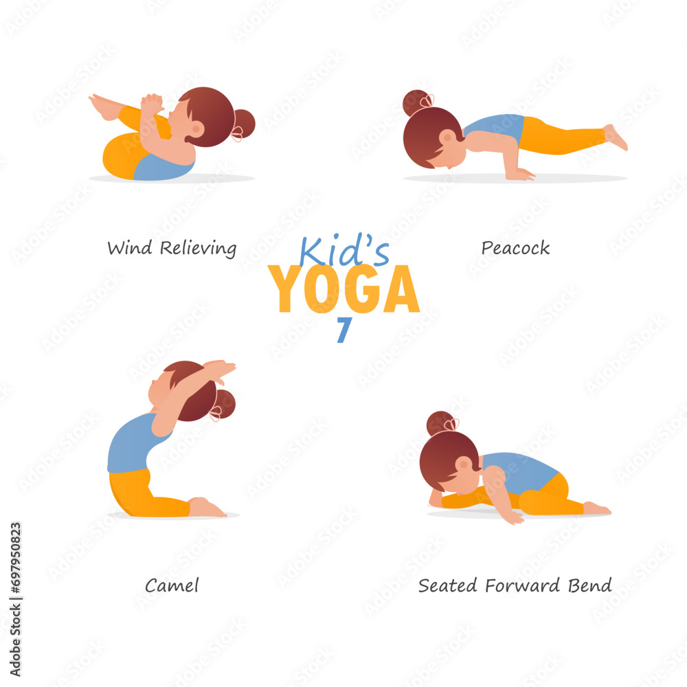 Kid yoga set. Gymnastics, workout or exercise for children and healthy ...