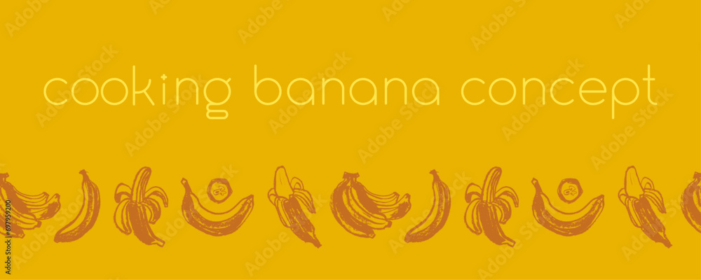 Cooking banana banner background with bananas seamless pattern border ...