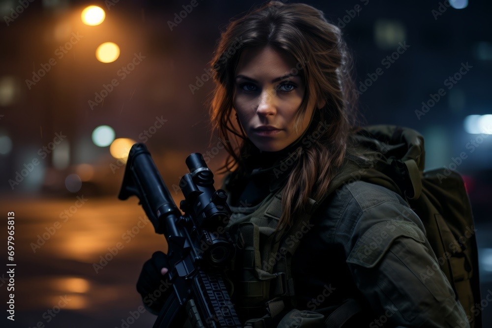Portrait of beautiful woman with assault rifle on the street at night ...