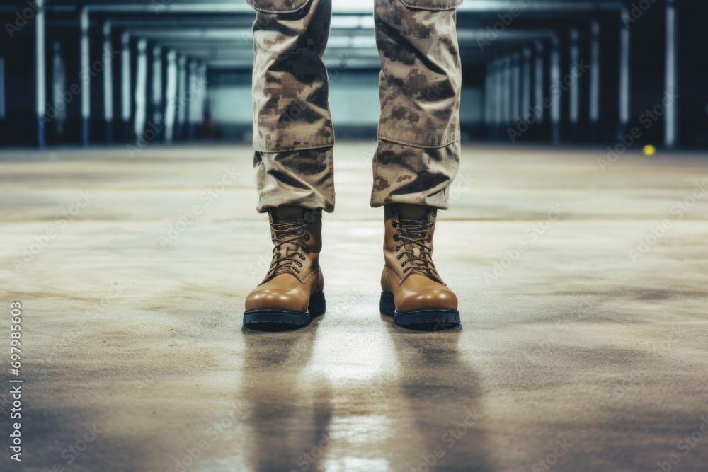 Military athletic legs in combat boots stand on a shooting range ...