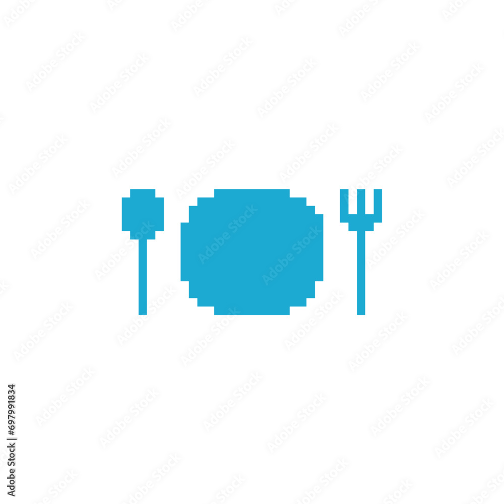 this is eat icon 1 bit style in pixel art with blue color and white ...