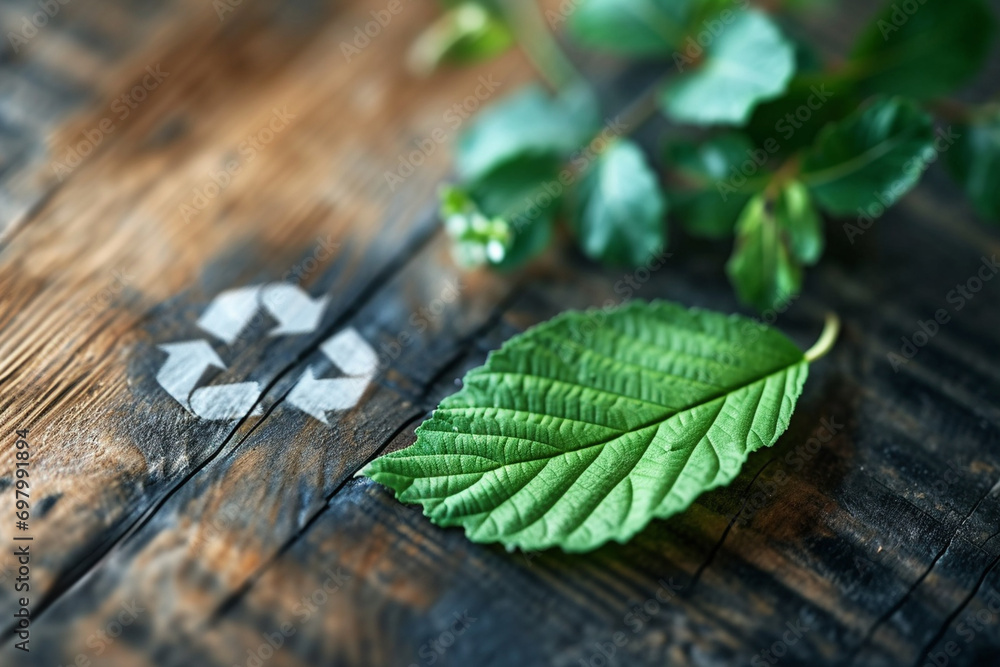 single green leaf placed next to a symbol representing CO2 emissions ...