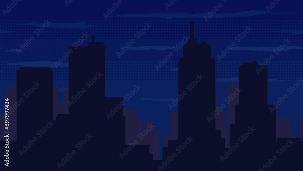 Animated pixel art design of night time cityscape with moving clouds ...