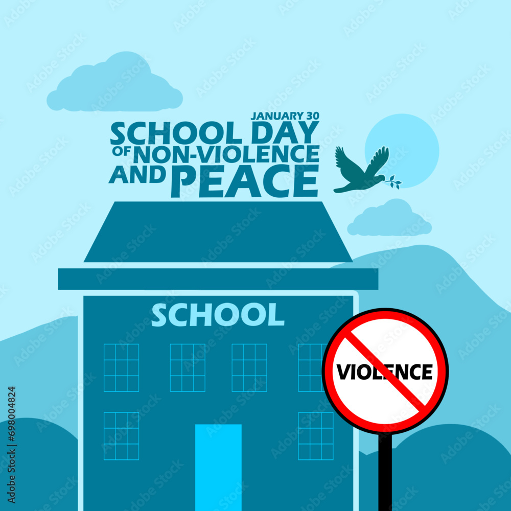 School Day of Non-violence and Peace event banner. A school with a ...