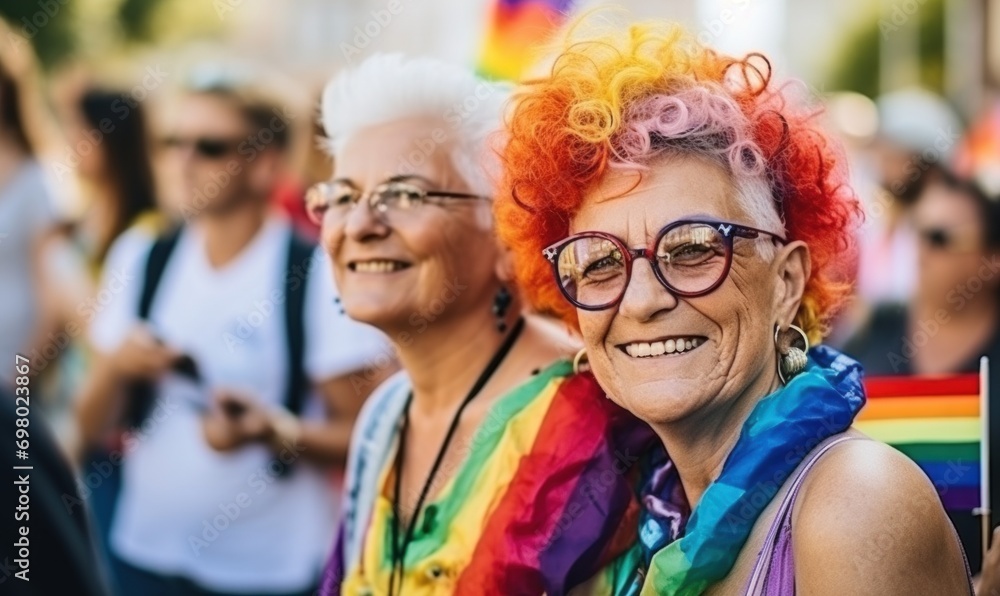 elderly women at the LGBT parade, pride with flags in support of sexual ...
