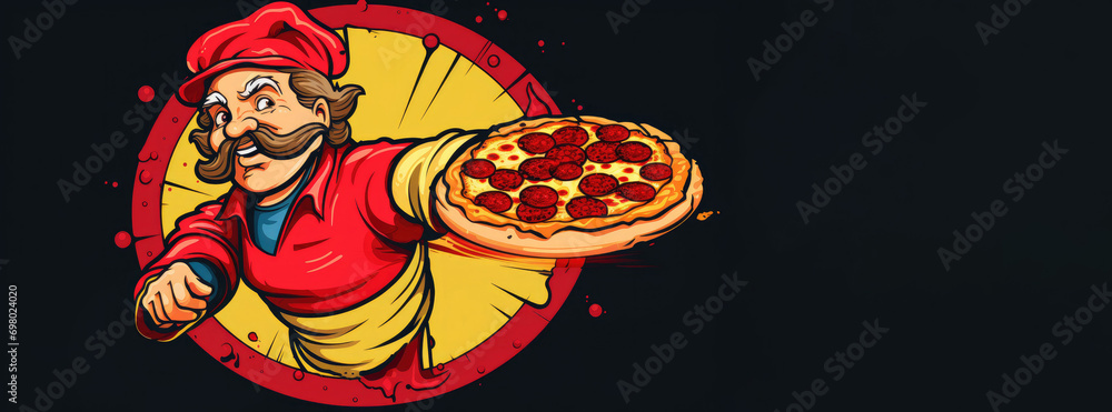 Cartoon Italian mustachioed pizzaiola in a red circle holds a pizza ...
